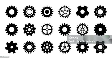 기어 아이콘입니다 산업용 코그휠 엔진의 기어 휠 기계용 톱니바퀴가 달린 원형 바퀴 기술 메커니즘 시계 및 공장에 대한 실루엣 세트 메탈 기어 휠의 검은 아이콘 벡터 바퀴에