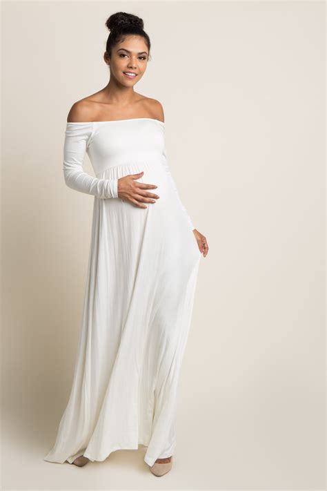 Pinkblush Ivory Solid Off Shoulder Maternity Maxi Dress