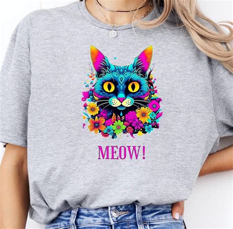 Floral Cat Meow T Shirt Cute Novelty Tee Spring Cat Print Crew Neck