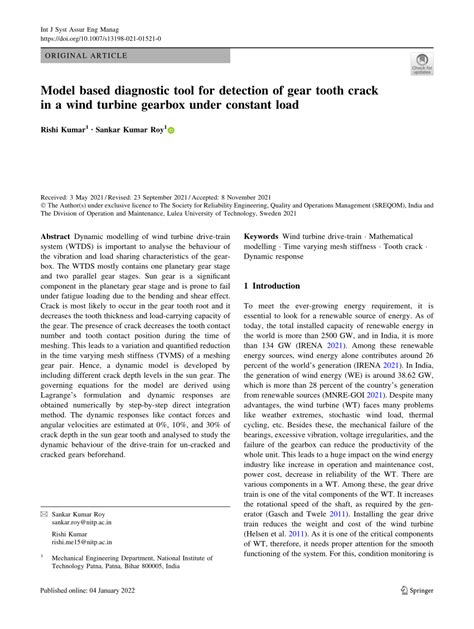 Pdf Model Based Diagnostic Tool For Detection Of Gear Tooth Crack In A Wind Turbine Gearbox