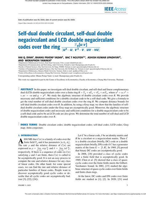 Pdf Self Dual Double Circulant Self Dual Double Negacirculant And Lcd Double Negacirculant