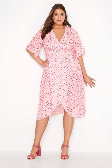 Yours London Plus Size Pink Polka Dot Midi Wrap Dress Yours Clothing
