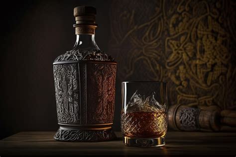 Premium Photo Whiskey Glass Brandy Bottle Of Whiskey With Ice Glass