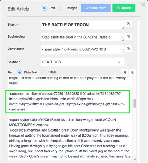 Adding Adsense Or Doubleclick For Publishers Ad Codes To Your Articles