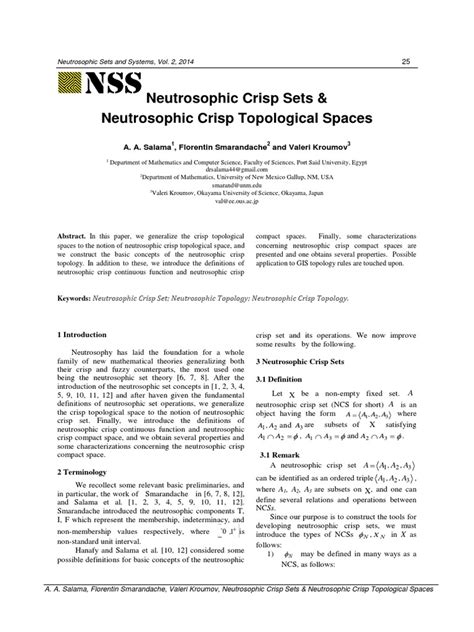 Neutrosophic Crisp Sets And Neutrosophic Crisp Topological Spaces Pdf Compact Space Geometry