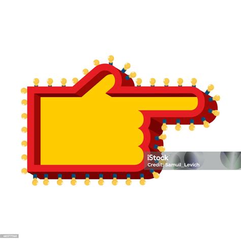 빛나는 조명으로 가리키는 손가락 포인터입니다 전구를 레트로 커서 손입니다 빈티지 방향 화살표입니다 빛나는 조명 간판 고리 사슬에 대한 스톡 벡터 아트 및 기타 이미지