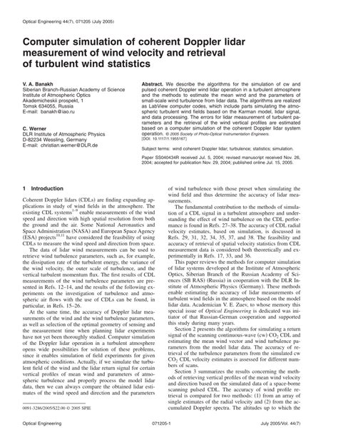 Pdf Computer Simulation Of Coherent Doppler Lidar Measurement Of Wind Velocity And Retrieval