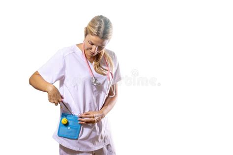 Girl Doctor Organizing Her Medical Tools White Background Stock Photo