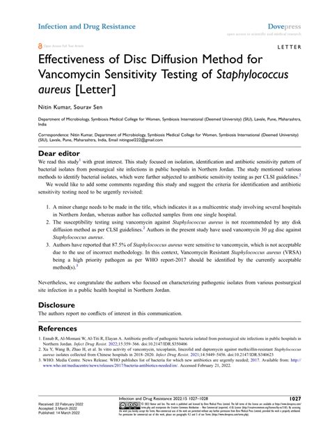 Pdf Effectiveness Of Disc Diffusion Method For Vancomycin Sensitivity Testing Of