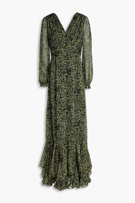 Mikael Aghal Fluted Floral Print Chiffon Maxi Dress The Outnet
