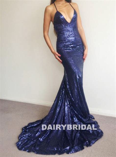 Spaghetti Straps V Neck Sequin Sexy Backless Mermaid Prom Dress D724