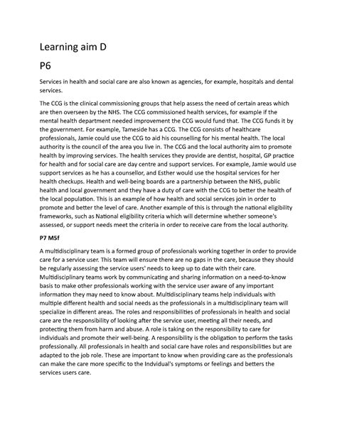 Unit Learning Aim B Learning Aim D P Services In Health And Social