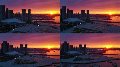 晚霞中的大连东港商务区视频素材下载