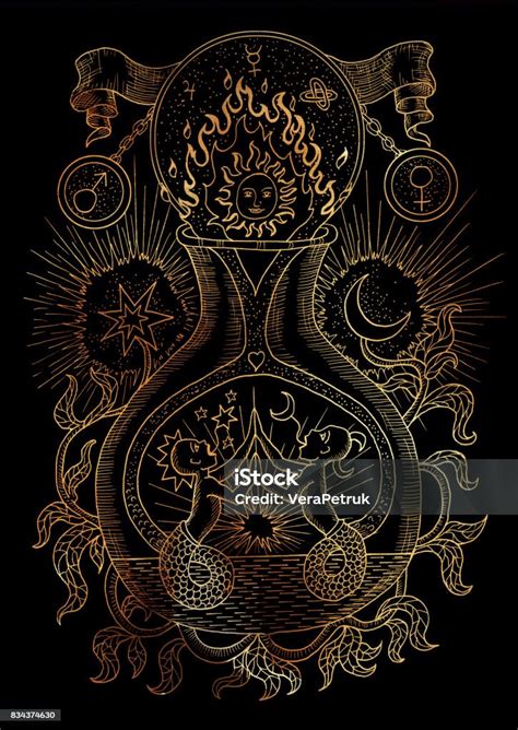 與精神和煉金術符號在黑色背景上的神秘圖向量圖形及更多wicca圖片 Wicca 串字 俄羅斯 Istock
