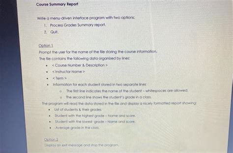Solved Course Summary Report Write A Menu Driven Interface Chegg