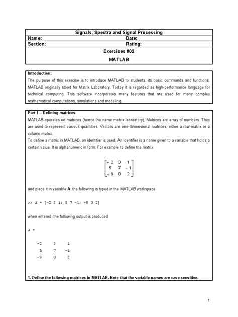 Signals Spectra And Signal Processing Name Date Section Rating