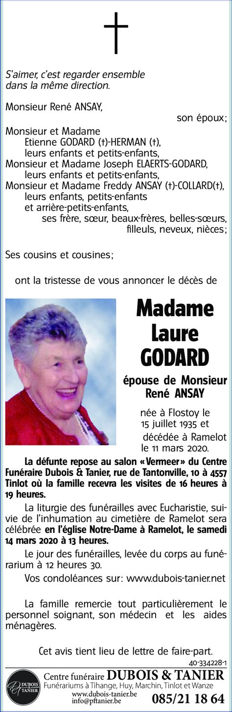 Avis De Décès De Laure Godard Décédé Le 11032020 à Ramelot Annonce