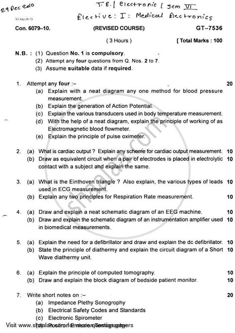 Medical Electronics 2010 2011 Be Electronics Engineering Semester 6 Te