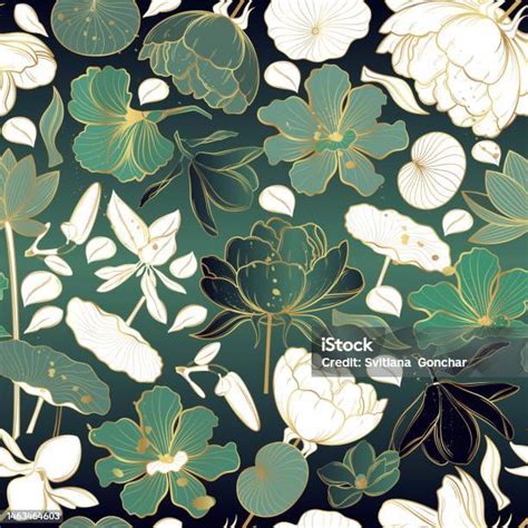 濃い緑の背景にシームレスなベクター画像パターンと線画の花 ハイビスカスのベクターアート素材や画像を多数ご用意 ハイビスカス ハス