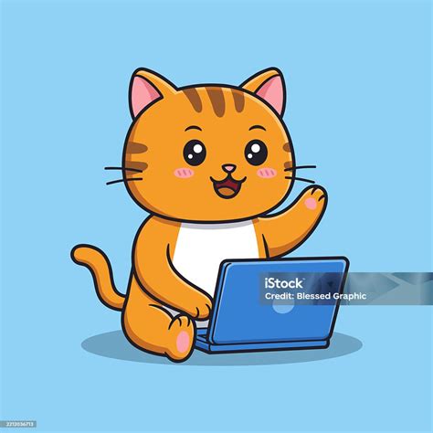 플랫 스타일 귀여운 고양이 노트북 만화 벡터 아이콘 일러스트 레이 션에서 작업 고양이 새끼에 대한 스톡 벡터 아트 및 기타 이미지 고양이 새끼 공중 귀 부분 Istock