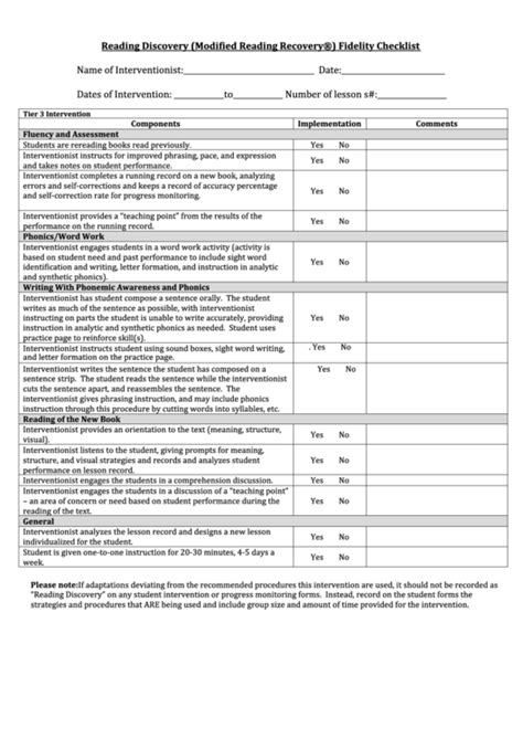 Reading Discovery Fidelity Checklist Template Printable Pdf Download
