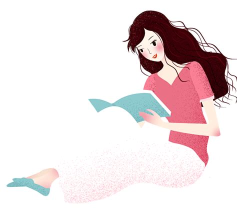 手绘插画读书的长发美女