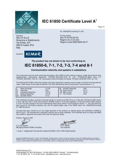 Iec 61850 Certificate Level A1 Iec 61850 6 7 1 7 2 7 3 7 4 And 8 1