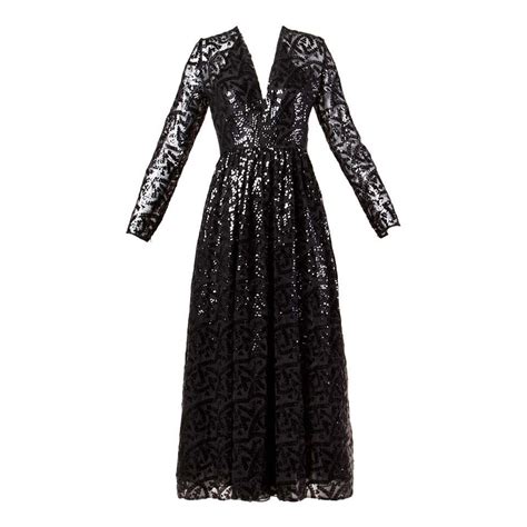 Evelyn Byrnes Vintage 1970s 70s Long Black Sequin Maxi Dress For Sale