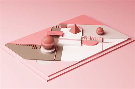 파스텔 핑크 톤 3d 렌더링 그림의 기하학적 인 도형으로 디자인 프리미엄 사진