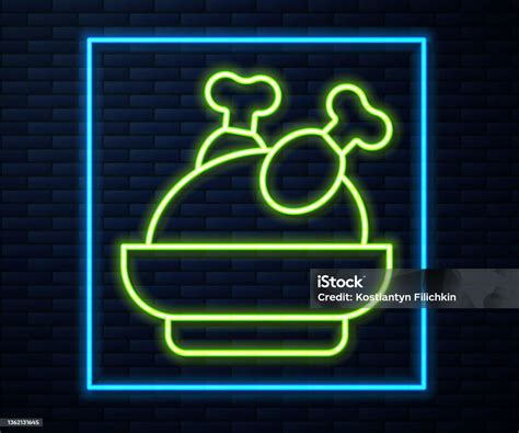 벽돌 벽 배경에 고립 된 빛나는 네온 라인 구운 칠면조 또는 치킨 아이콘 벡터 0명에 대한 스톡 벡터 아트 및 기타 이미지 0명 가금류 고기 Istock