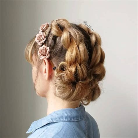 Three Strand Pull Through Braids Into Messy Buns With Flower Band