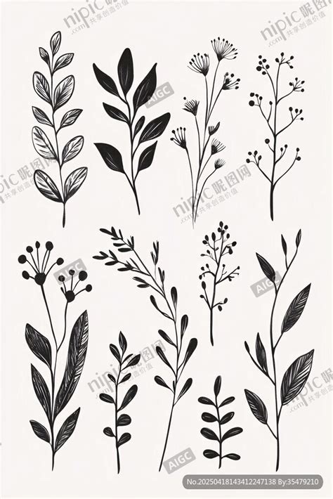 Ai创作图手绘 植物 枝叶 图案 线条 花卉 草本 装饰 素材 黑白 插画 设计 自然 元素 简约 昵图网