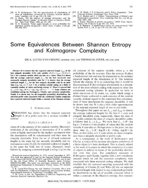 Pdf Some Equivalences Between Shannon Entropy And Kolmogorov · Ieee Transactions On