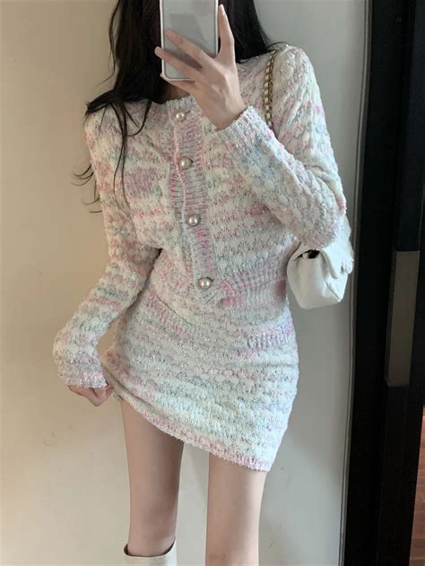 귀여운 크롭 레인보우 가디건 트위드 재킷 한국 시크한 가을 랩 힙 스커트 세트 2 피스 세트 Aliexpress