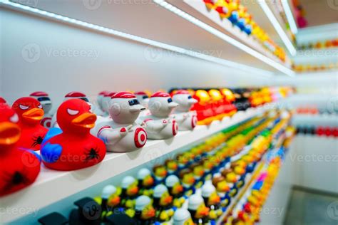 Colorful Rubber Ducks On Display In A Retail Store For Toy Enthusiasts