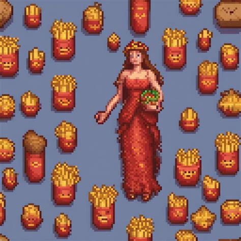 Reddressed Lady In Pixel Art Posing With A French Fries Motif Premium