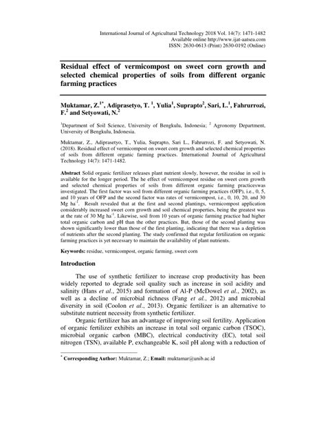 Pdf Residual Effect Of Vermicompost On Sweet Corn Growth And Selected Chemical Properties Of