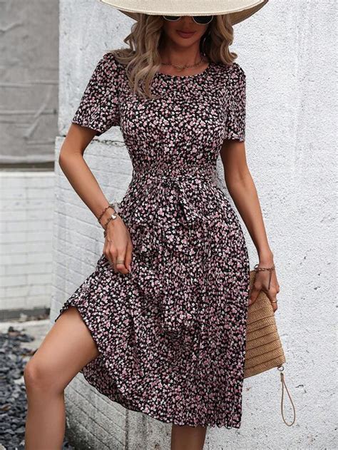 Shein Lune Ditsy Floral Print Belted Dress Shein Usa