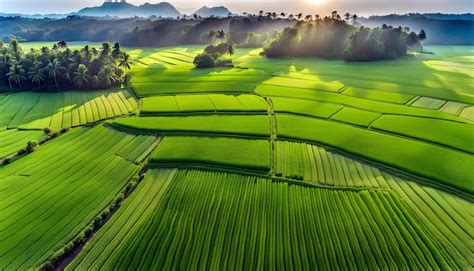 Premium Photo View Of A Green Rice Field With Trees Rice Plants View Of An Agricultural Field