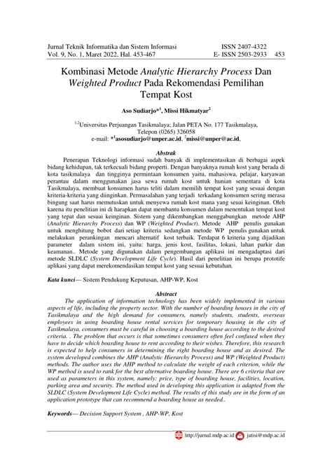 Pdf Kombinasi Metode Analytic Hierarchy Process Dan Weighted Product Pada Rekomendasi