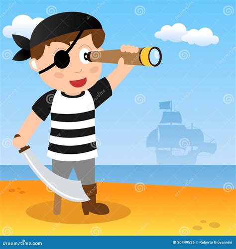 Pirate With Spyglass On A Beach Vector Illustration
