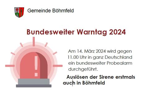 Bundesweiter Warntag am 14 März 2024 gegen 11 Uhr Gemeinde Böhmfeld
