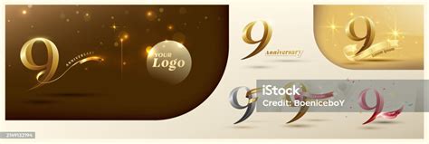 9주년 기념 로고타입의 모던 골드 넘버와 반짝이는 리본 대체 로고 번호 황금 기념일 축하 0명에 대한 스톡 벡터 아트 및 기타 이미지 0명 고급 그림자 Istock