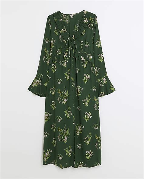 Green Floral Frill Swing Midi Dress River Island