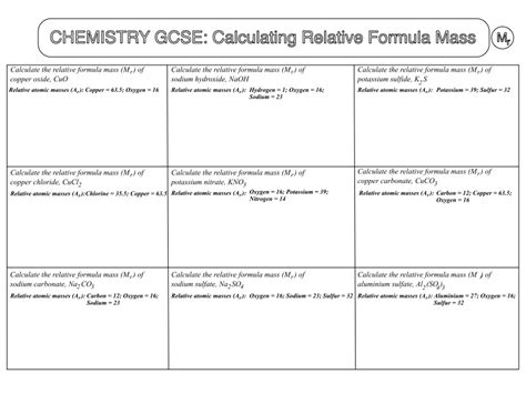 Gcse Chemistry Worksheet Calculating Relative Formula Mass Teaching