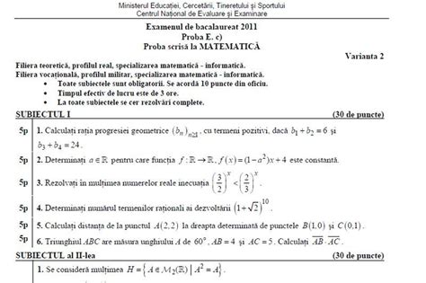 BAC 2012 SESIUNEA A DOUA Ce s a dat la BAC 2011 SESIUNEA DE TOAMNĂ la MATEMATICĂ