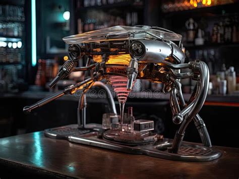 Cyberpunk Robot Bartender Mixing Chrome Drink Stock Illustration Illustration Of Technology