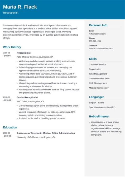 Resume For Receptionist Job Description