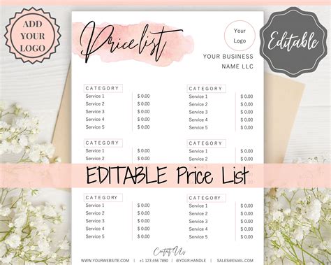 Beauty Price List Template Editable Printable Price Sheet Etsy Uk