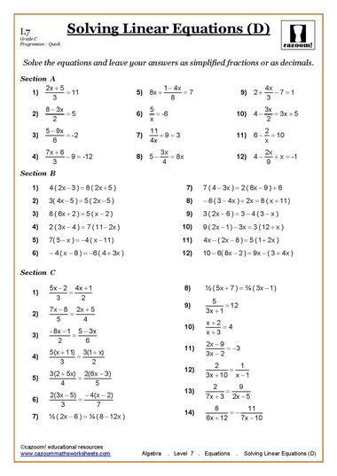 Solve Linear Functions Worksheet